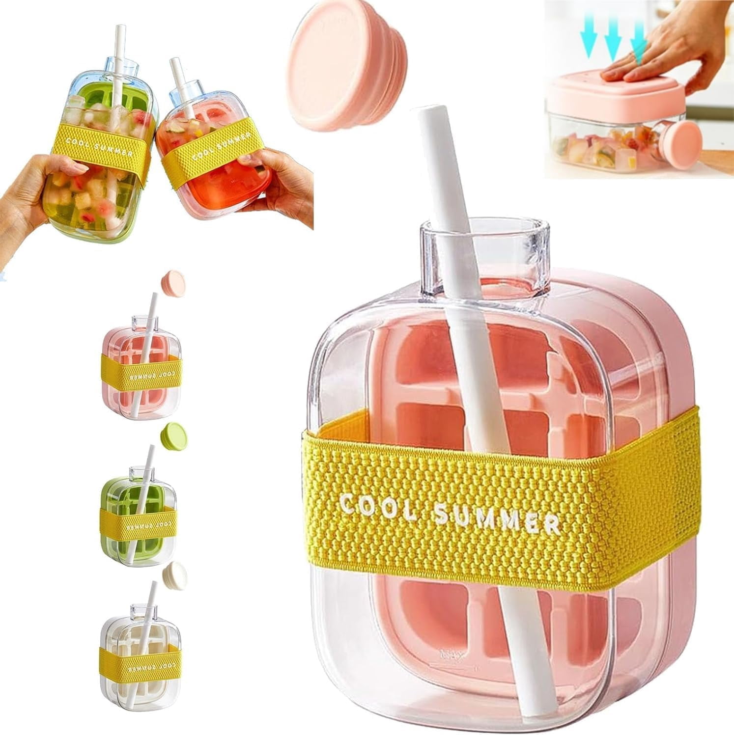 Ice Cube Bottle,2 In 1 Touch-Free Water Bottle Ice Cube Tray Water ...