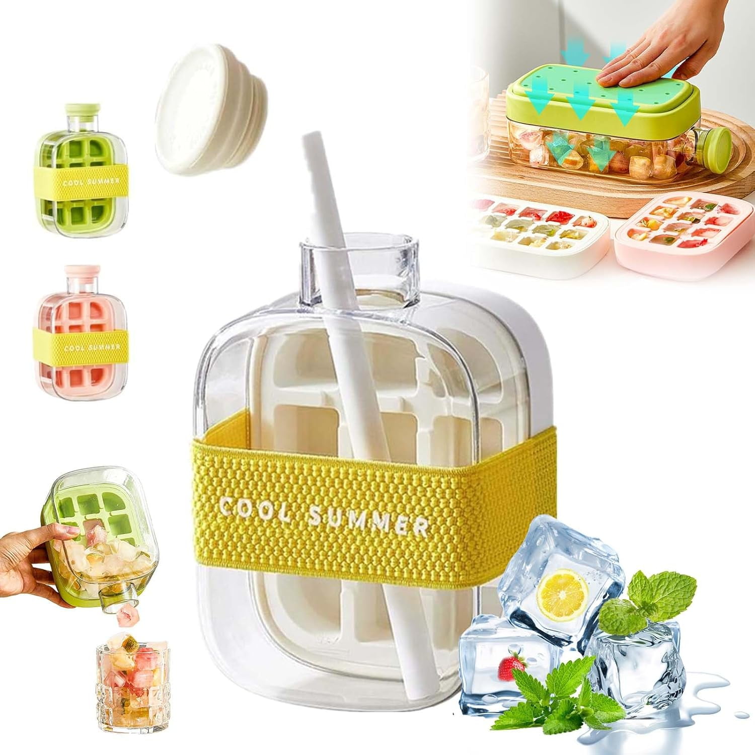 Ice Cube Bottle, 2-In-1 Touch-Free Ice Maker, Leak-Proof Water Bottle With Straw And Strap ...