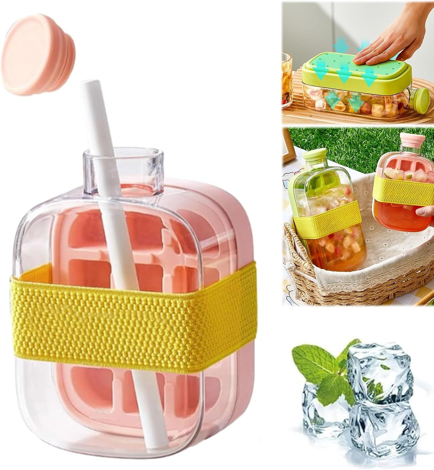 Ice Cube Bottle - 800ml/28oz & 500ml/17oz, 2 in 1 Zero Touch Press Ice ...