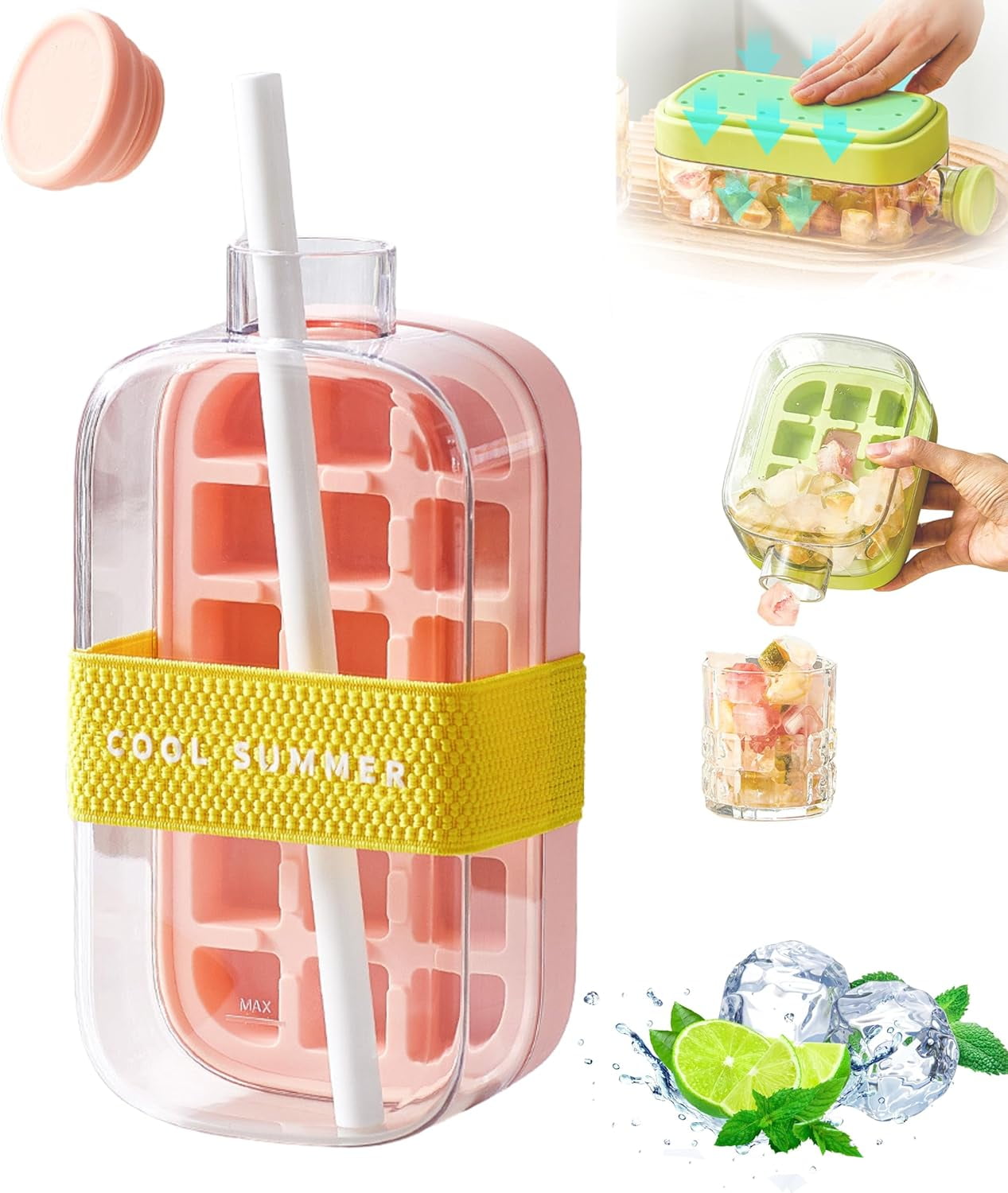 Ice Cube Bottle Cup with Straw – 2 in 1 Crush Cup Ice Tray Water Bottle ...