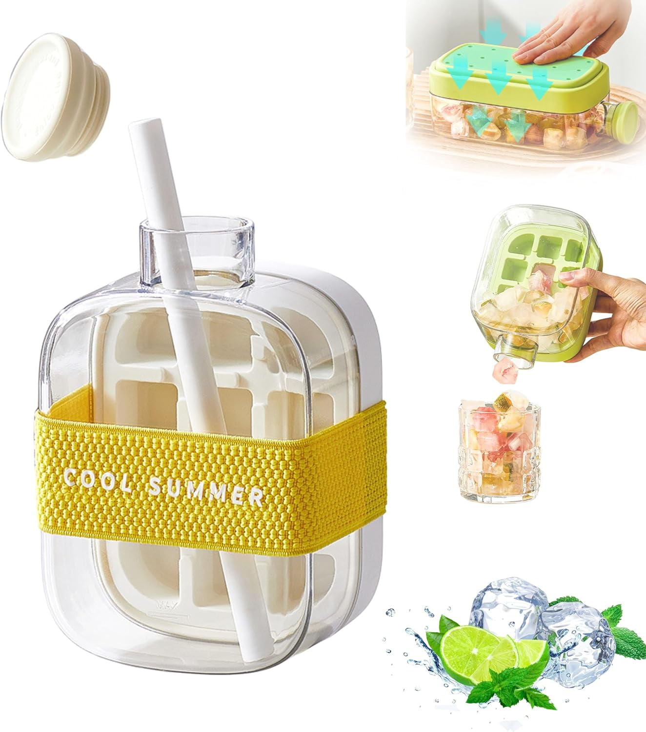 Ice Cube Bottle Cup with Straw – 2 in 1 Crush Cup Ice Tray Water Bottle ...