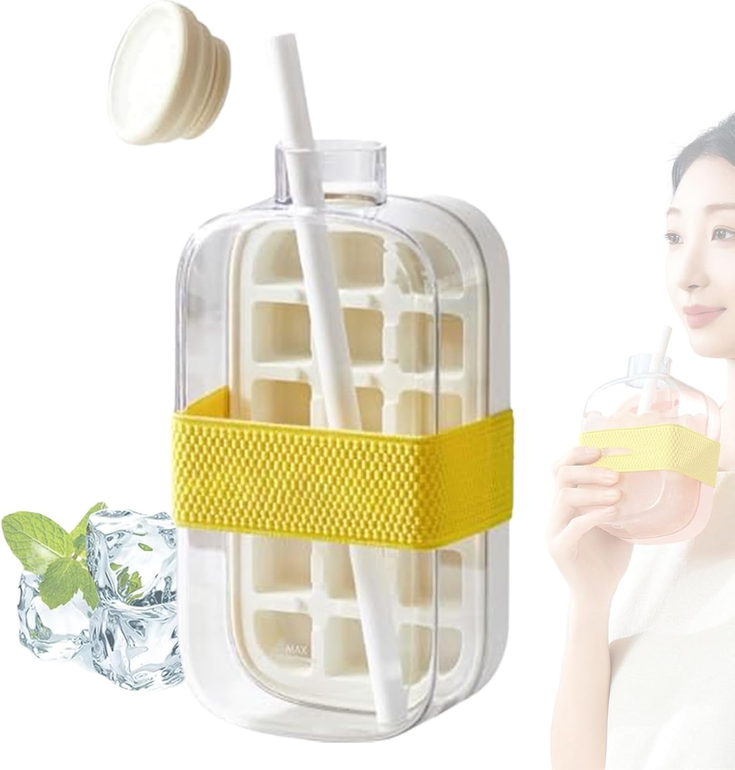 Ice Cube Bottle,Ice Cube Making Bottle with Straw & Strap,Leakproof,2 in 1 Touch-Free Ice Cube ...