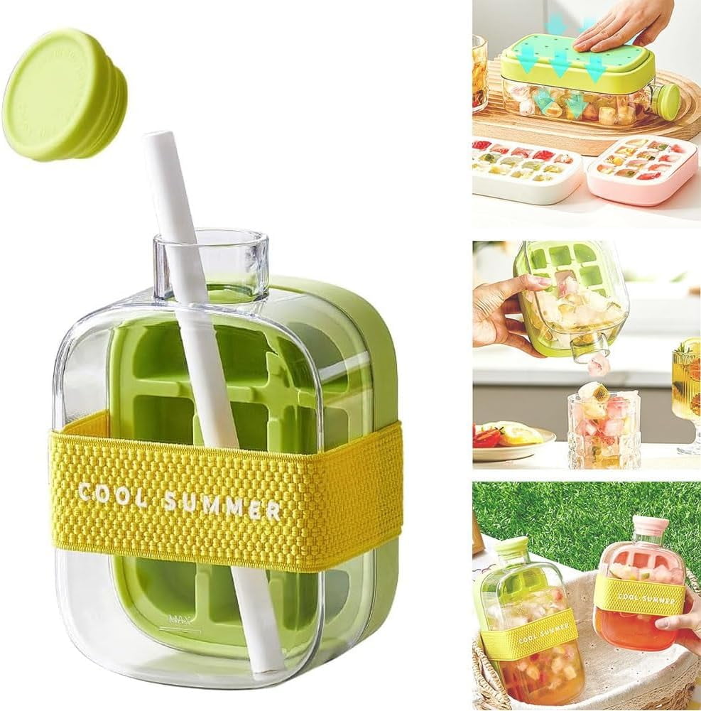 Ice Cube Bottle, Ice Cube Water Bottle with Straw, Flexible Silicone ...