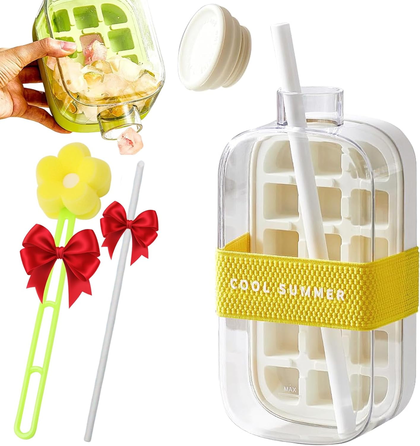 Ice Cube Bottle with Lid and Straw, 500/800ml Touch-Free Ice Cube Tray ...
