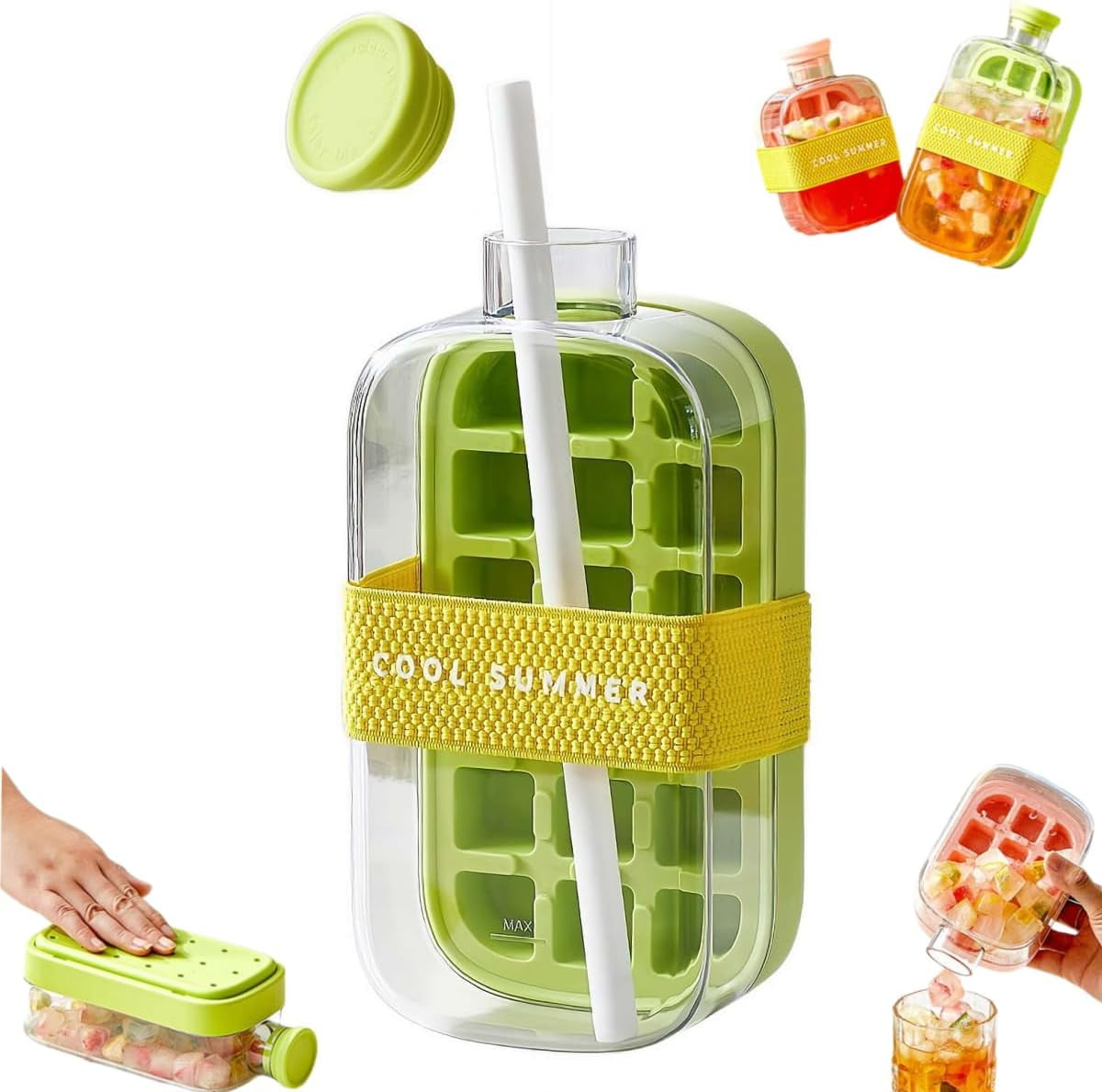 Ice Cube Bottle with Straw, 2 In 1 Touch-Free Ice Cube Tray Water Bottle with Lid and Bin, Push ...