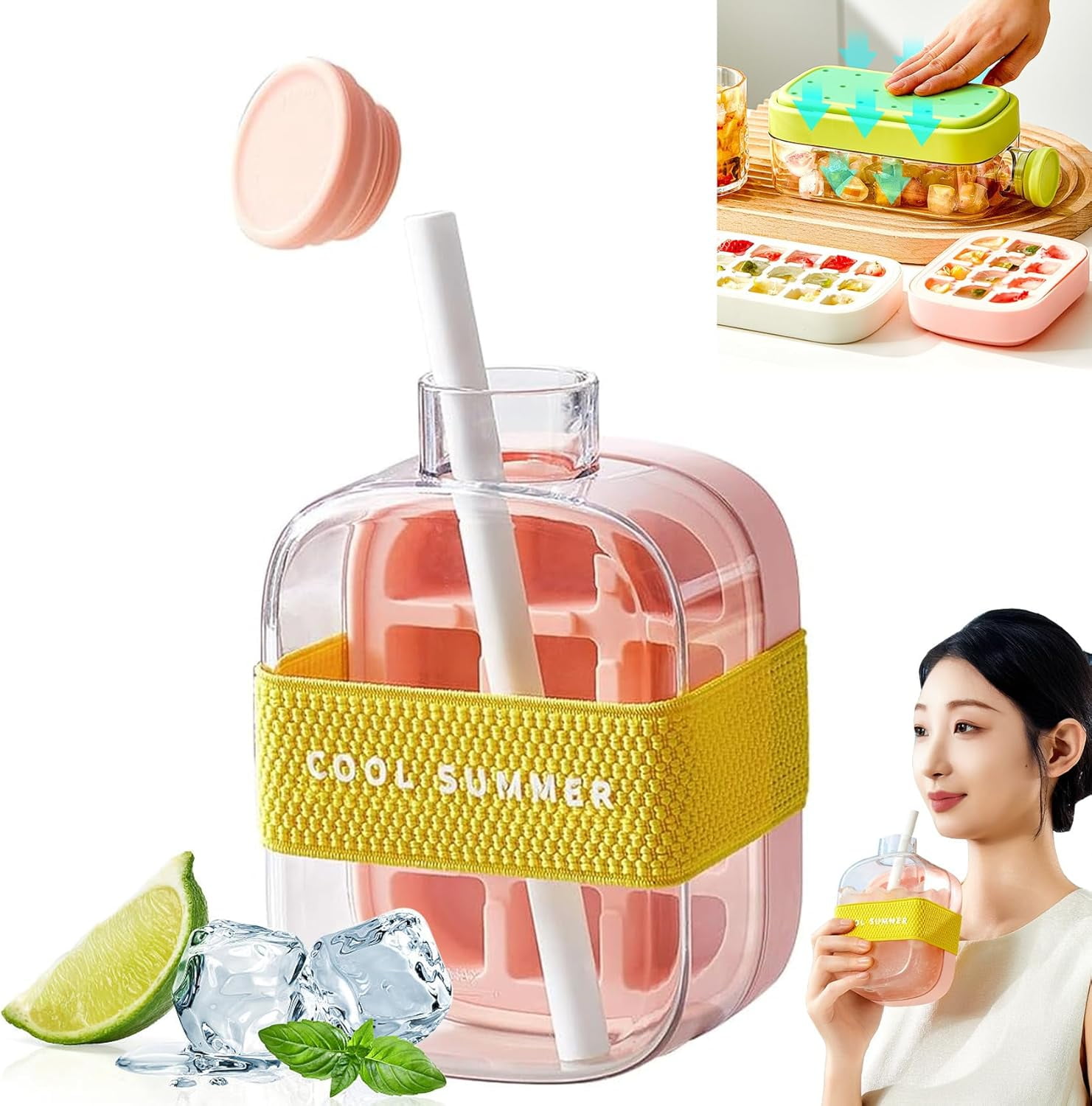 Ice Cube Bottle with Straw - 2-in-1 Touch-Free Water Bottle Ice Cube ...