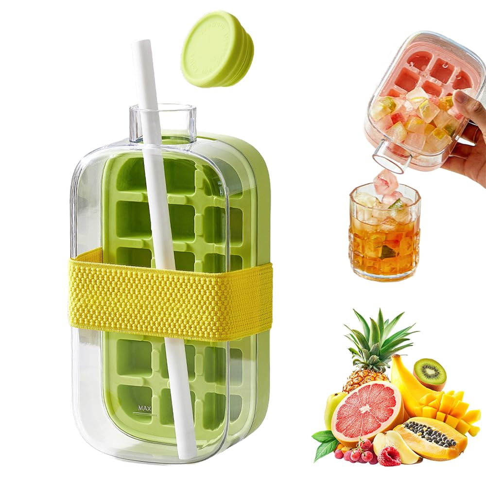 Ice Cube Bottle with Straw, 2025 New 2 in 1 Touch Free Ice Cube Tray ...