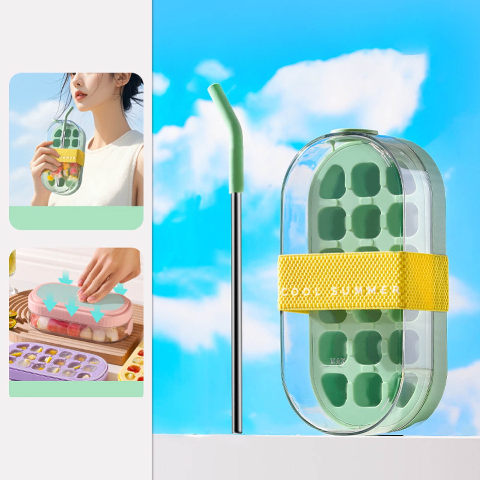 Ice Cube Bottle with Straw - 750ML/25OZ 2-in-1 Portable Ice Maker ...