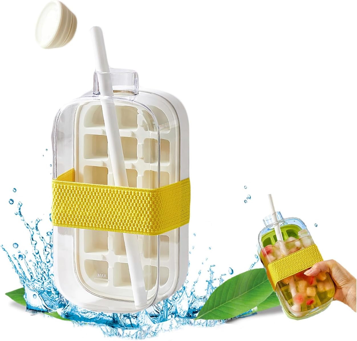 Ice Cube Bottle with straw 2in1 - Easy Press Ice Tray Water Bottle ...