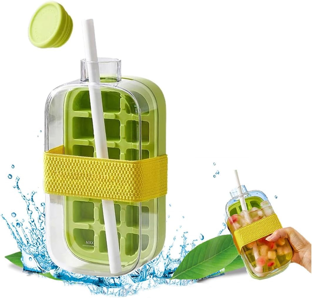 Ice Cube Bottle with straw 2in1 - Easy Press Ice Tray Water Bottle ...