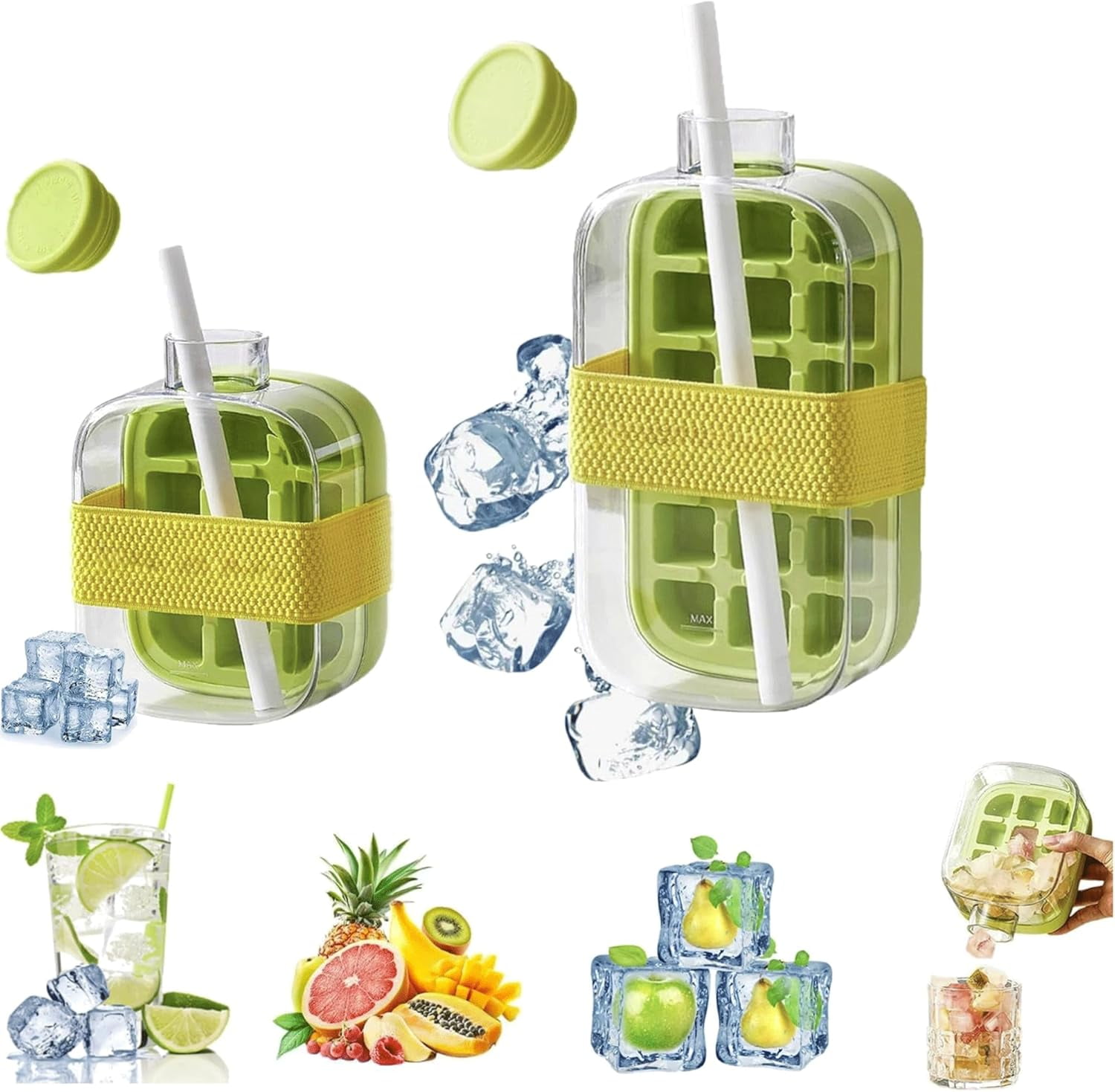 Ice Cube Bottle with straw 2in1 Zero Touch Press Ice Cube Mold Water ...