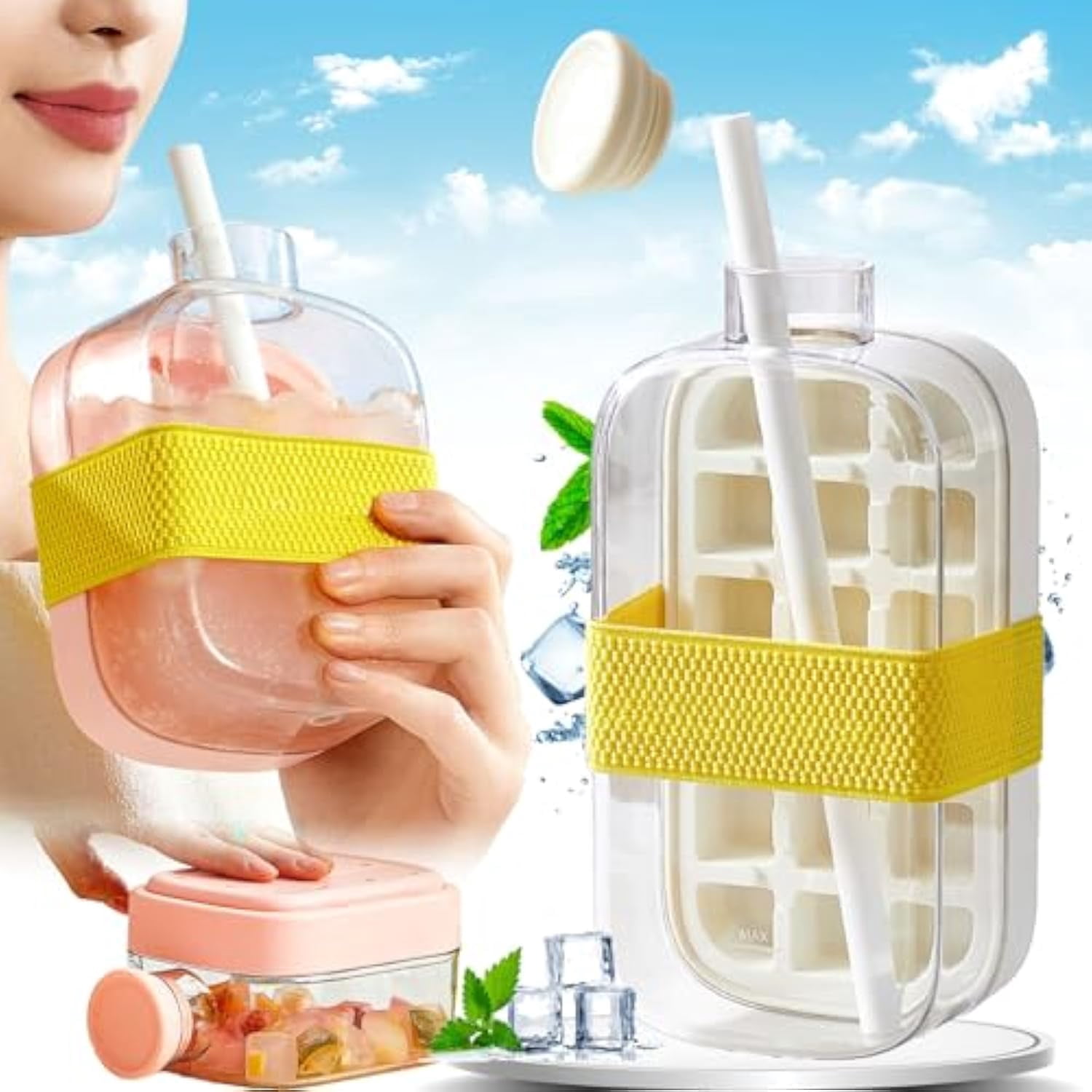 Ice Cube Tray Drinking Bottle with Straw, My Crush Cup Ice, 2 in 1 ...
