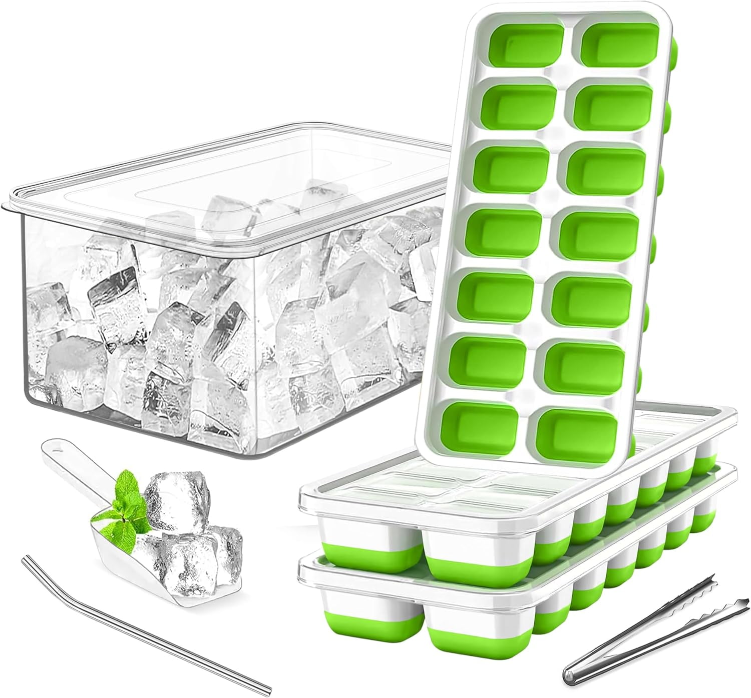 Ice Cube Tray with Lid and Bin (3 Pack, Green) Silicone Plastic Ice ...