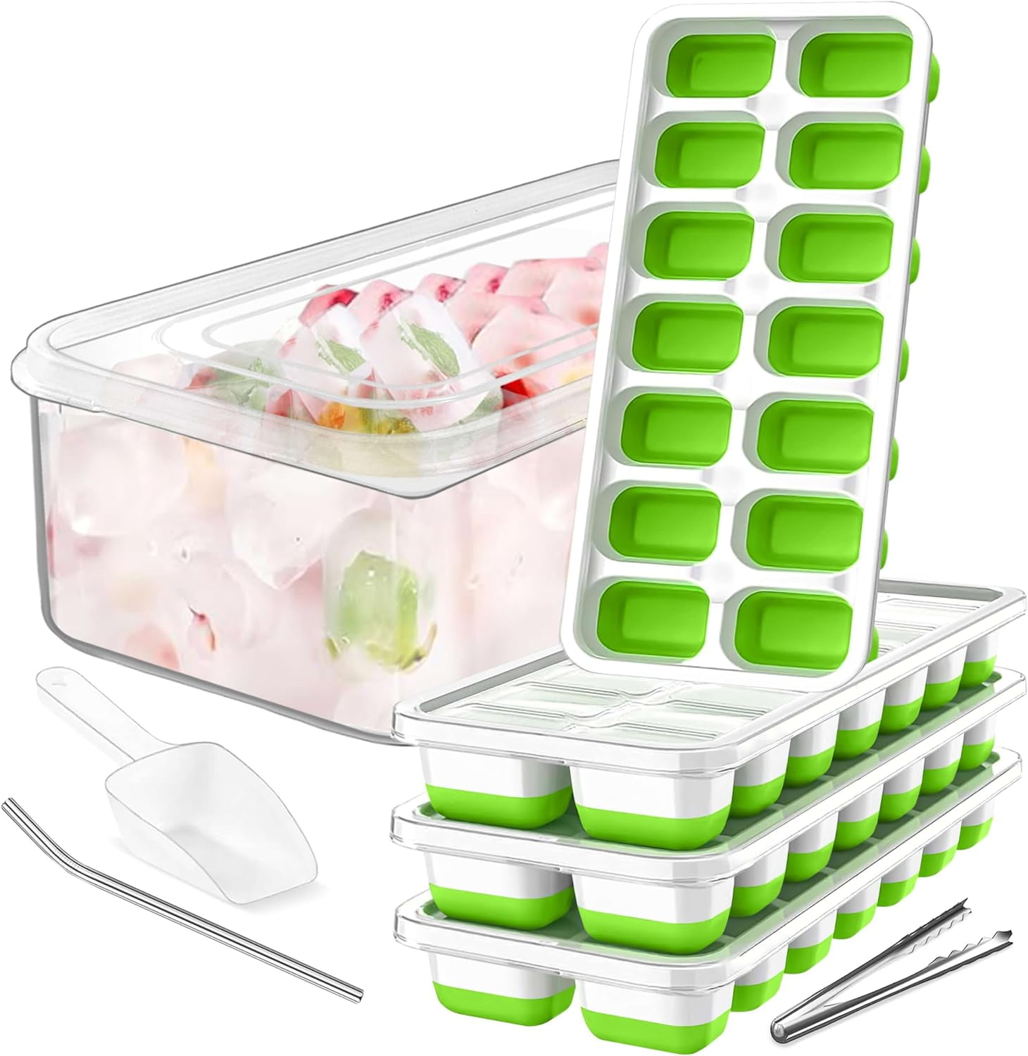 Ice Cube Tray with Lid and Bin (4 Pack, Green) Silicone Plastic Ice ...
