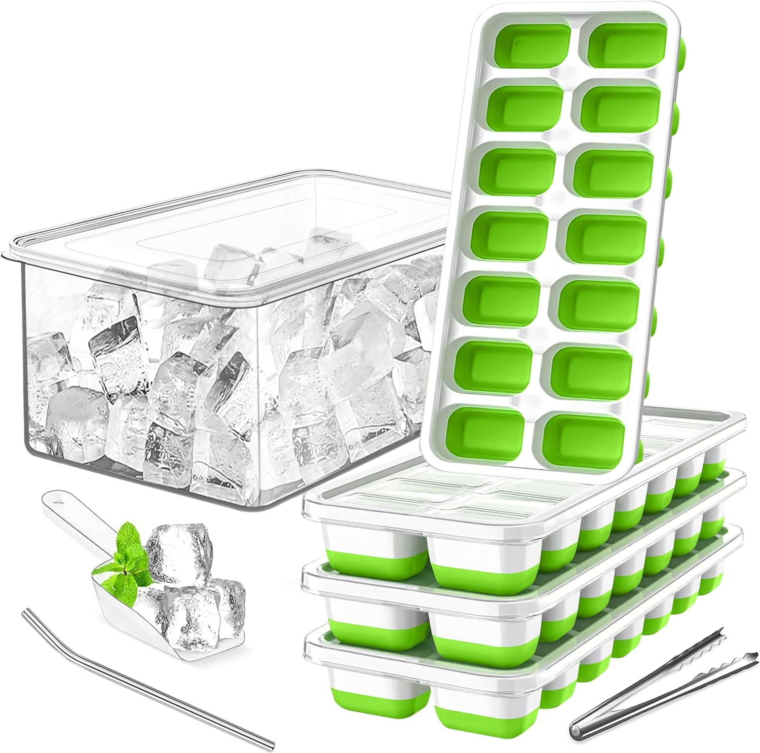 Ice Cube Tray with Lid and Bin (4 Pack, Green) Silicone Plastic Ice ...