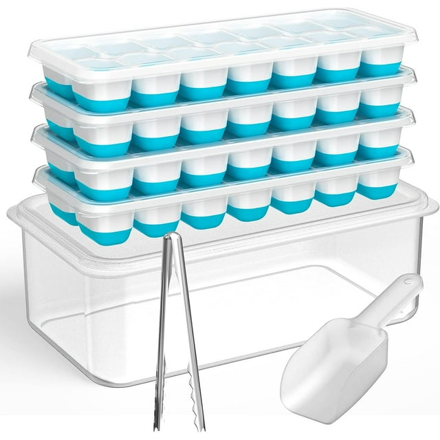 Ice Cube Tray with Lid and Bin, 4 Pack Silicone Plastic Ice Cube Trays ...