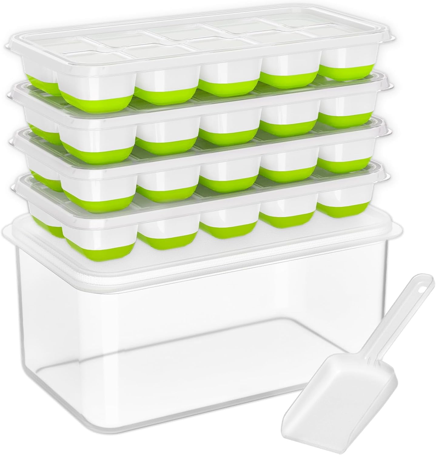 Ice Cube Tray with Lid and Bin, 4 Pack Silicone Plastic Ice Cubes Trays ...
