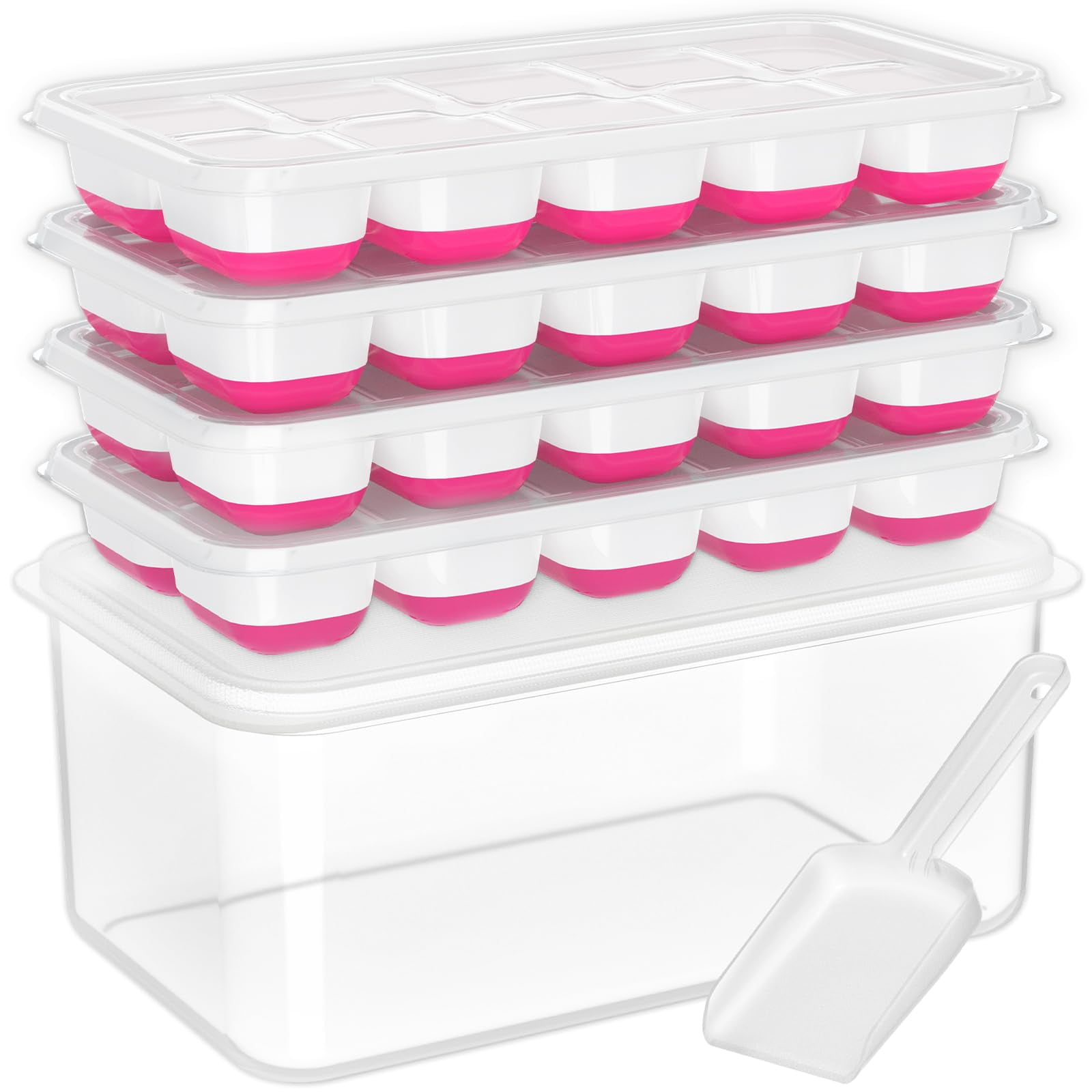 Ice Cube Tray with Lid and Bin, 4 Pack Silicone Plastic Ice Cubes Trays ...