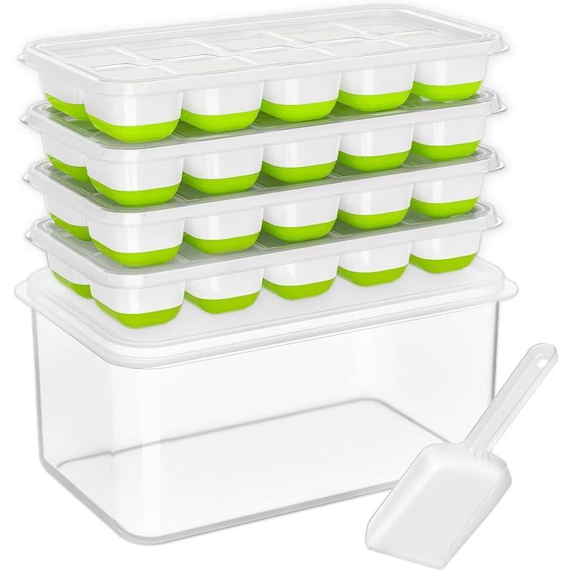 Ice Cube Tray with Lid and Bin, 4 Pack Silicone Plastic Ice Cubes Trays ...