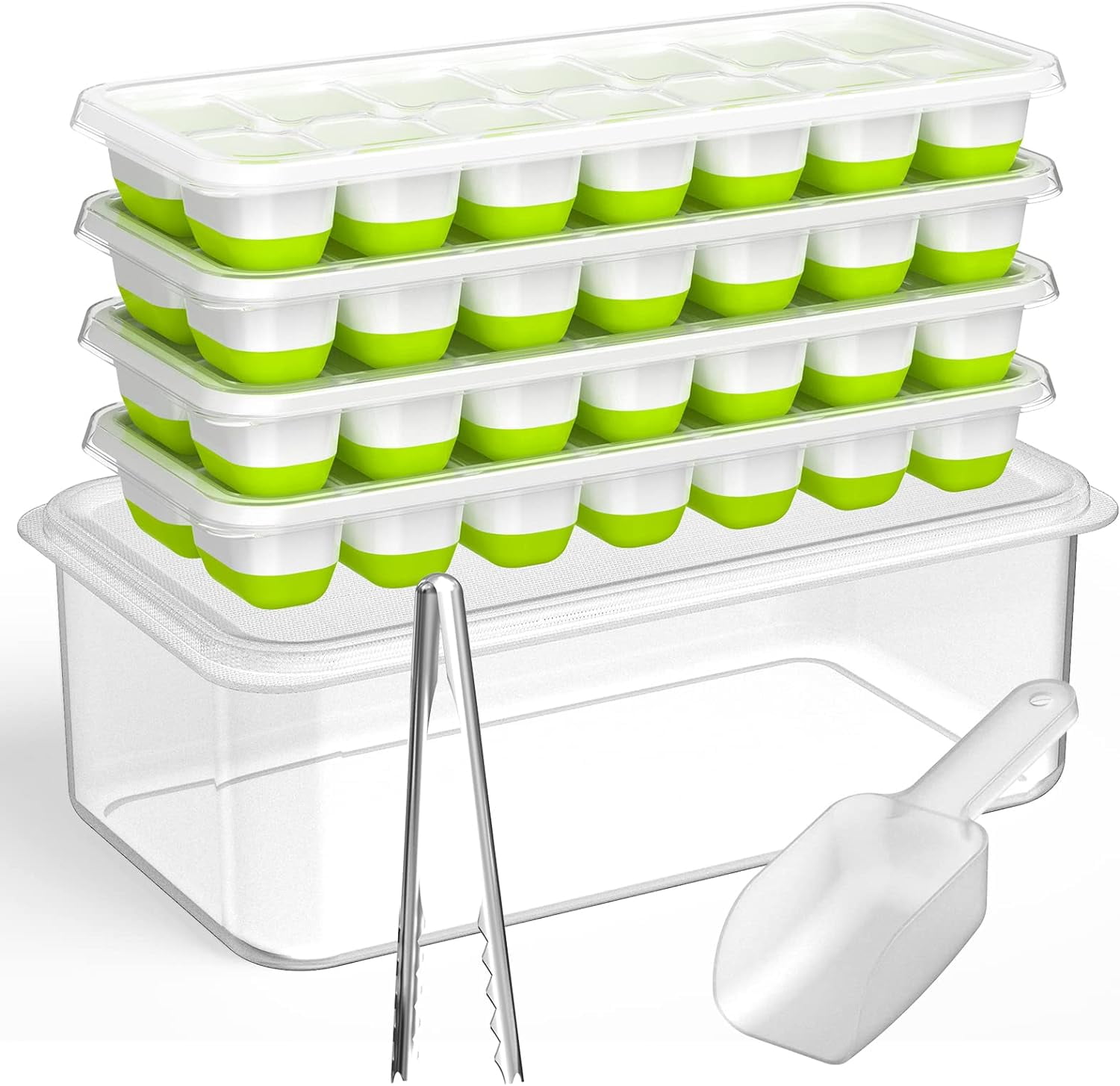 Ice Cube Tray with Lid and Bin, 4 Pack Silicone Plastic Ice Cube Trays ...