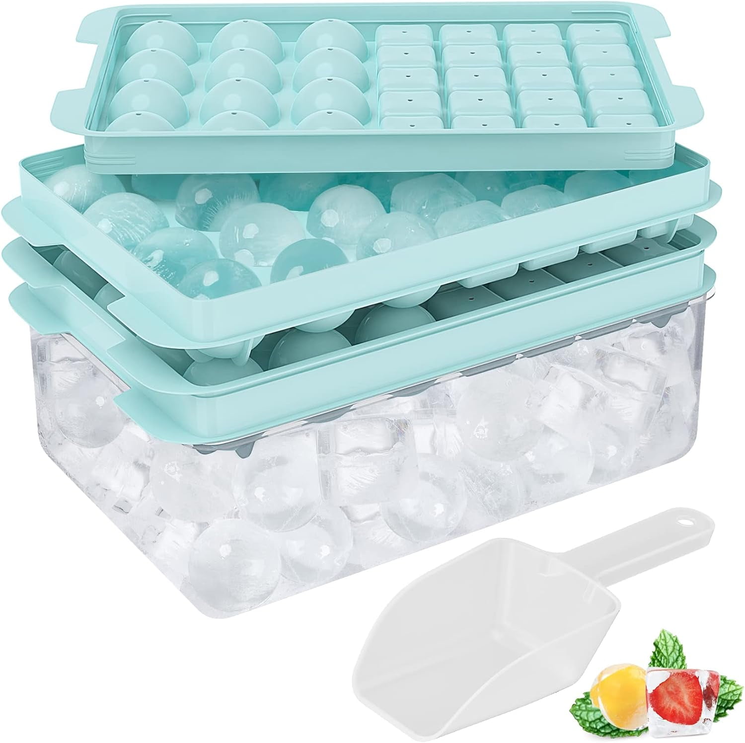 Ice Cube Tray with Lid and Bin, 64 PCS Ice Trays for Freezer, Round Ice Cube Molds & Square Ice ...