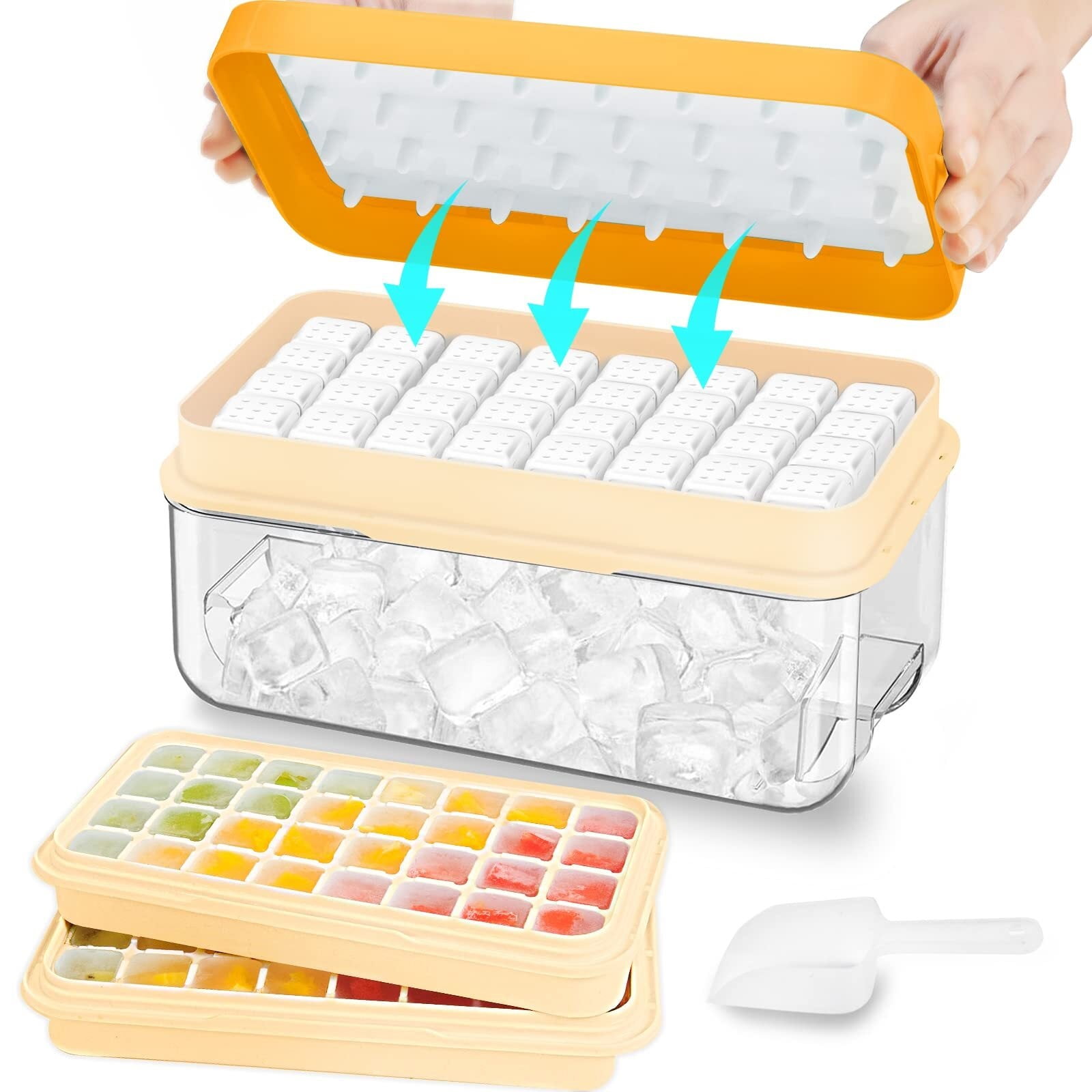 Ice Cube Tray with Lid and Bin, 64 pcs Ice Tray Kit with Ice Scoop, Ice ...