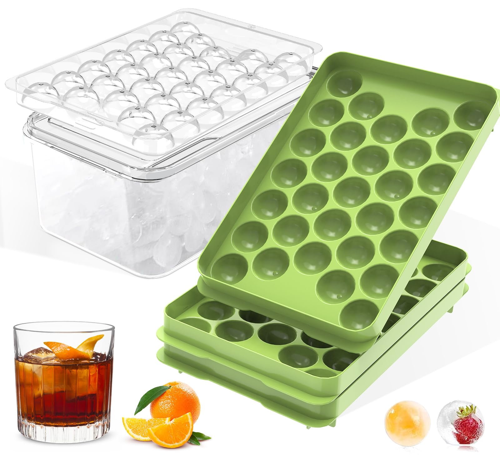 Ice Cube Tray with Lid and Bin,Ice Tray,62 Round Ice Trays for Freezer ...
