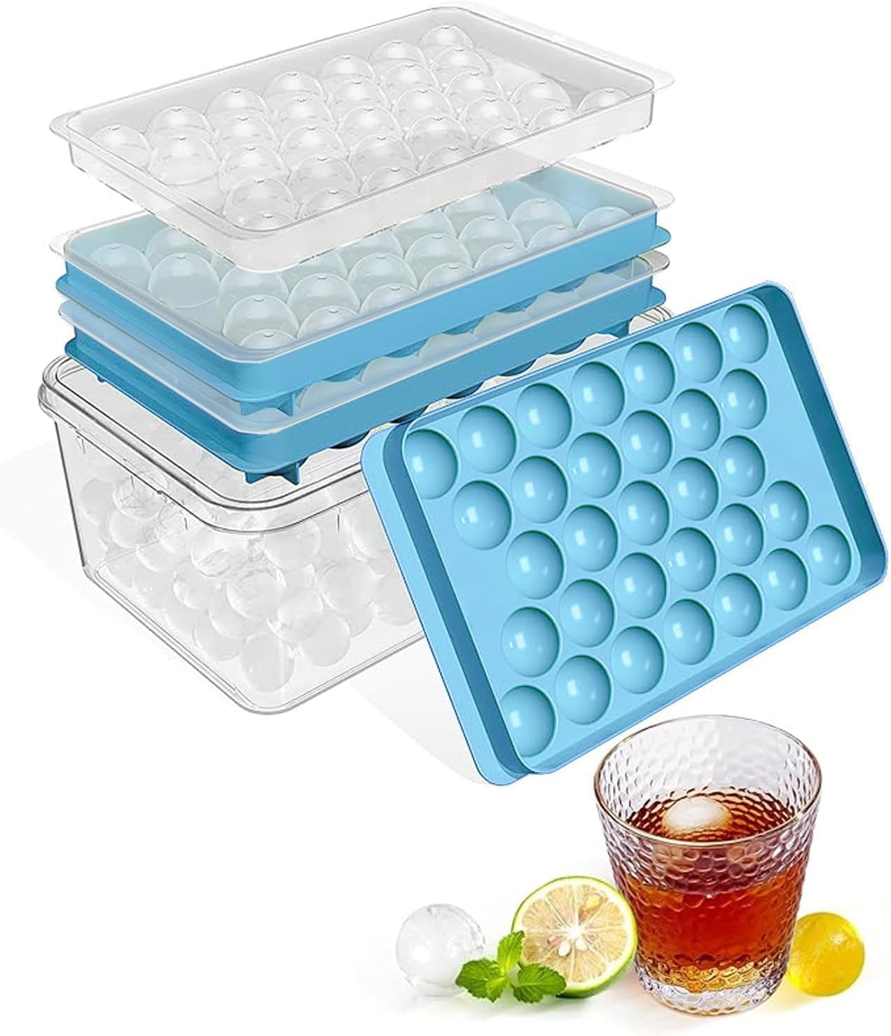 Ice Cube Tray with Lid and Bin,Ice Tray,62 Round Ice Trays for Freezer ...