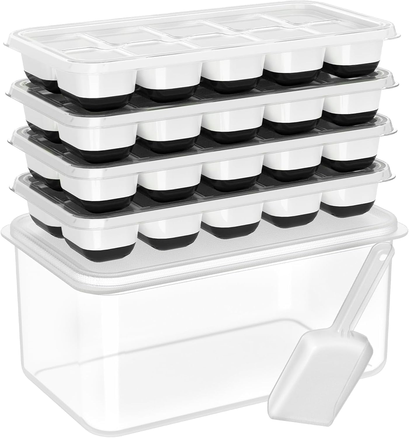 Ice Cube Tray with Lid and Bin, Silicone Plastic Ice Cubes Trays for ...