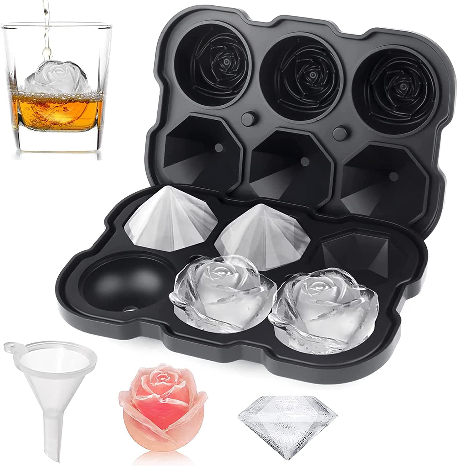 Ice Cube Tray, Mikiwon 2 inch Rose Ice Cube Trays With Covers, 3 Cavity ...