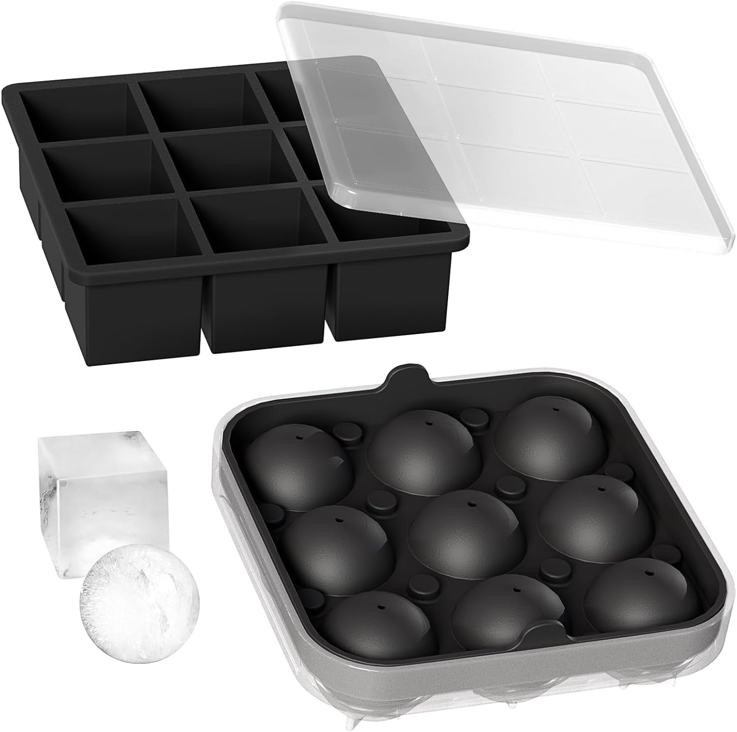 Ice Tray Combo, Silicone Reusable 2 inch Big Ice Freezer Mold, 9 Cubes ...