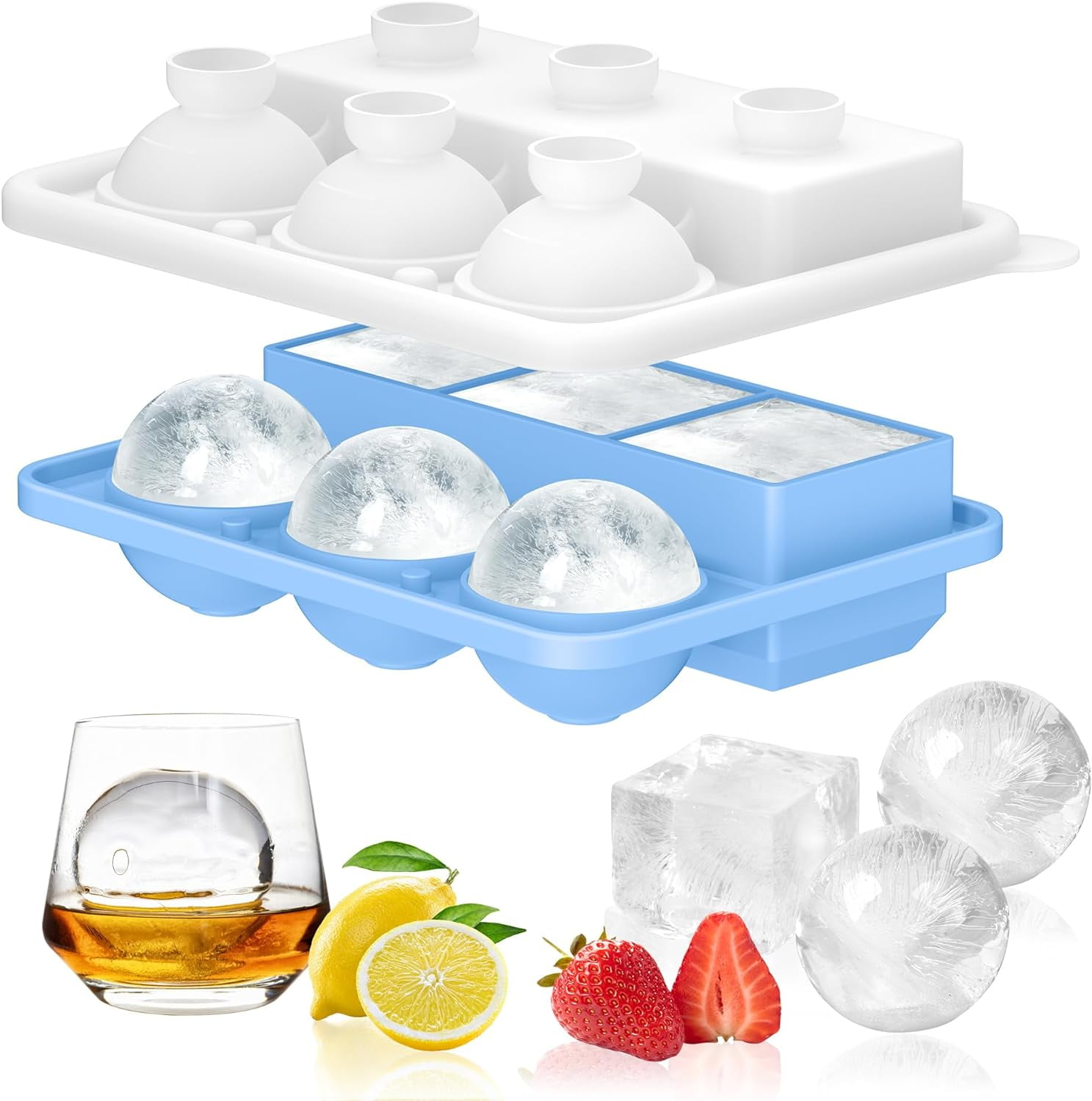 Ice Cube Tray, Silicone Round Ice Ball Mold& Square Large Ice Mold ...