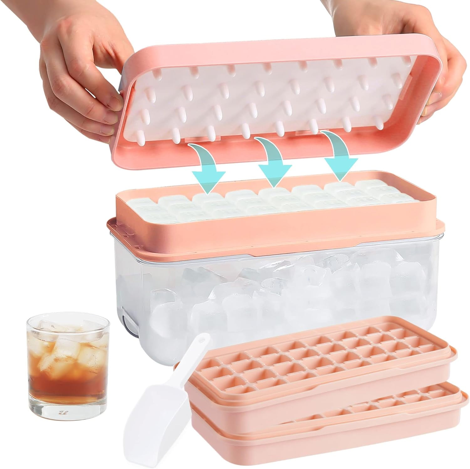 Ice Cube Tray, Stackable Ice Trays for Freezer with Lid and Bin, Easy ...