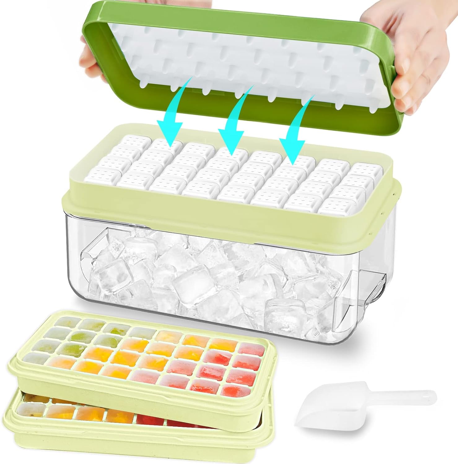 Ice Cube Tray, Stackable Ice Trays for Freezer with Lid and Bin, Easy ...