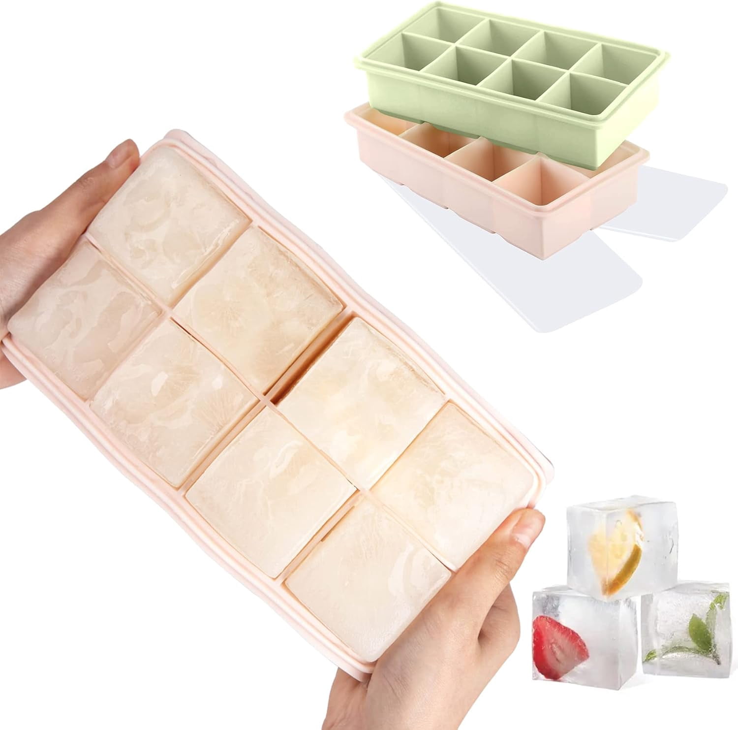 Ice Cube Tray with Lid - 2 Pack Large Silicone Ice Tray Molds for ...