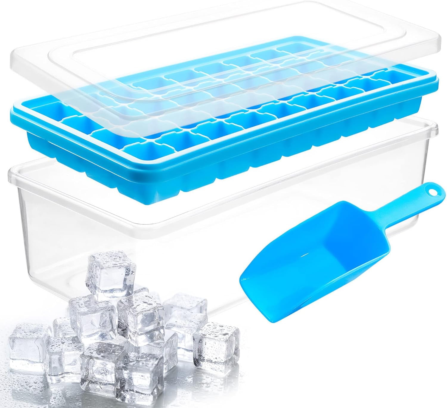 Ice Cube Tray with Lid and Bin | 36 Nugget Silicone Ice Tray for ...