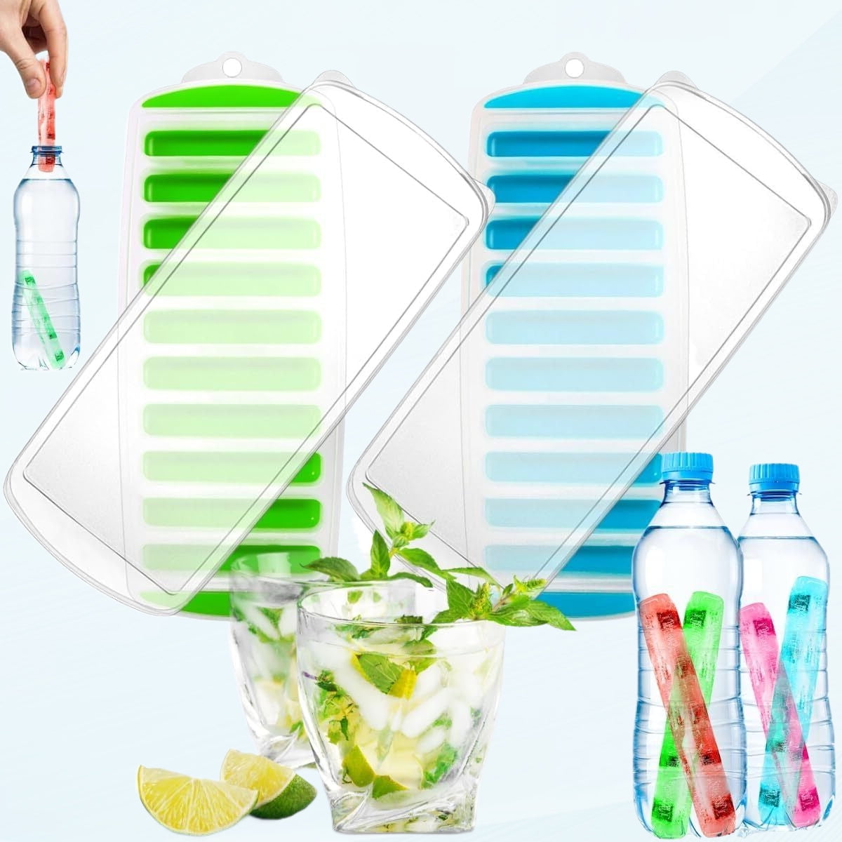 Ice Cube Trays, 2 pcs Silicone Plastic Ice Stick Trays, Skinny Ice Cube ...