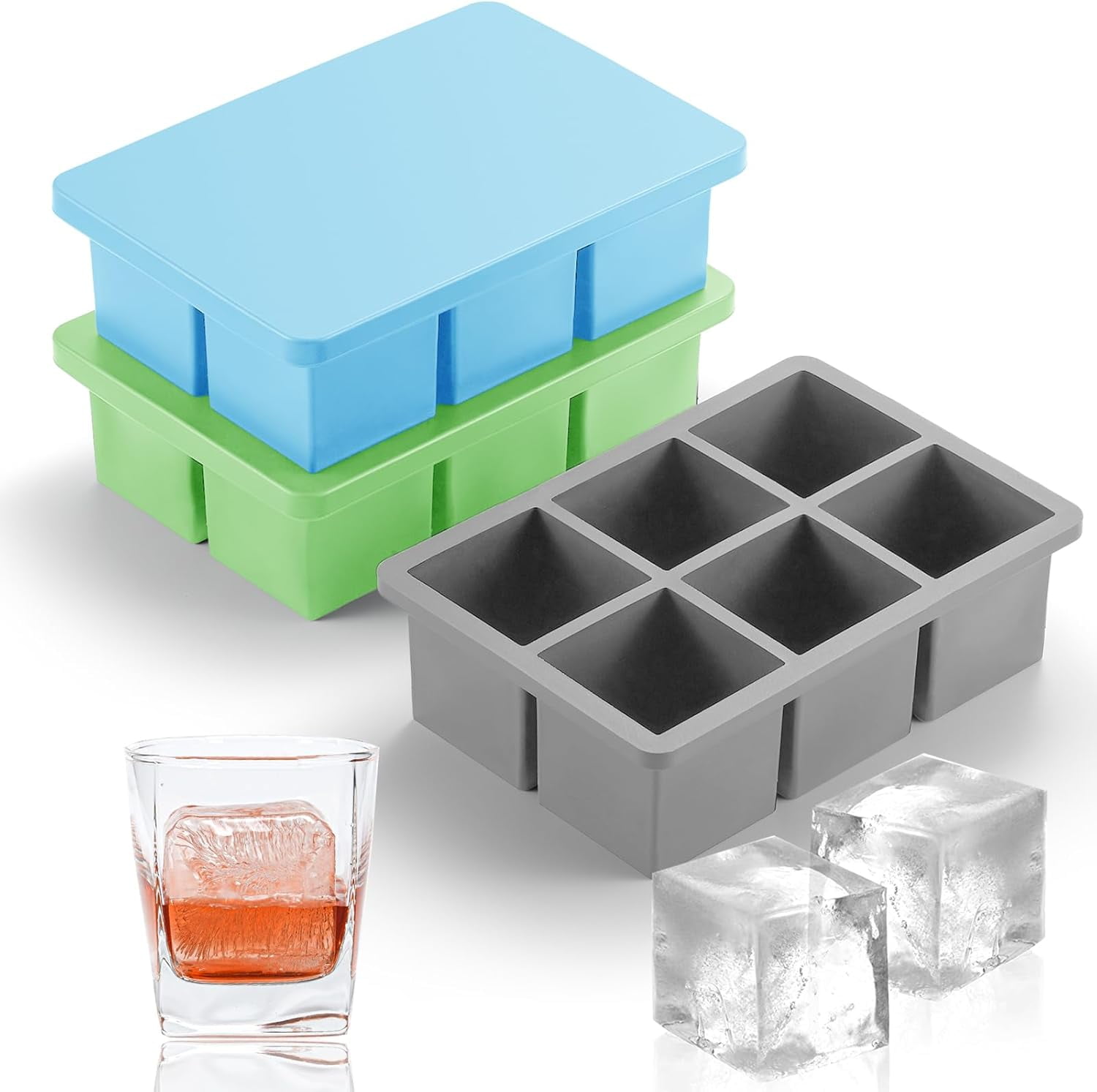 Ice Cube Trays 3 Pack, Large Size Silicone Ice Cube Molds for Whiskey ...