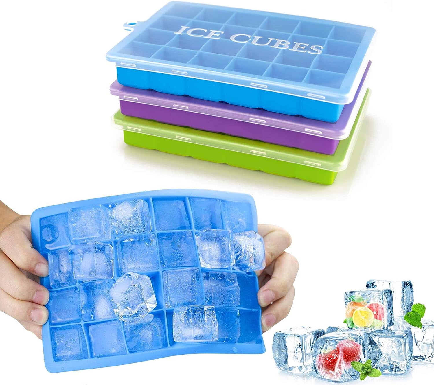 Ice Cube Trays 3 Pack, Silicone Ice Molds with Removable Lid Easy ...