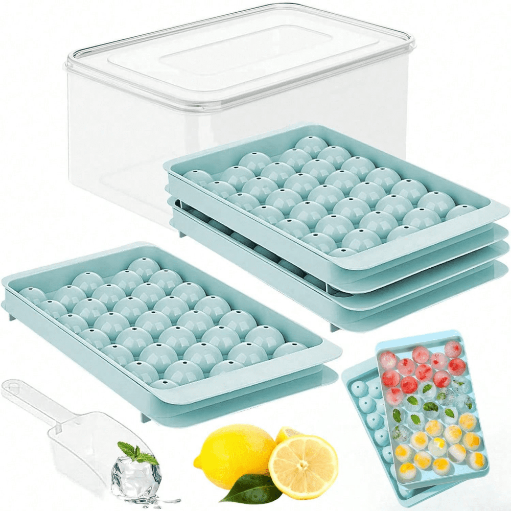 Ice Cube Trays With Lid & Bin,Round Ice Trays For Freezer, Whiskey Ice Balls Maker Molds Making ...