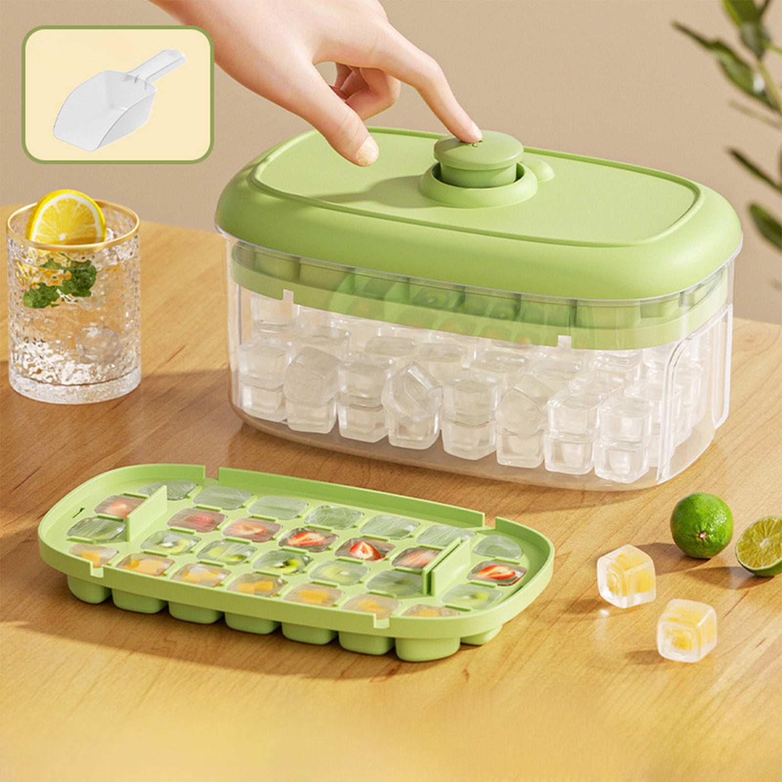 Ice Cubes Mold with Bin, Silicone Ice Chunk Maker Trays with Storage ...