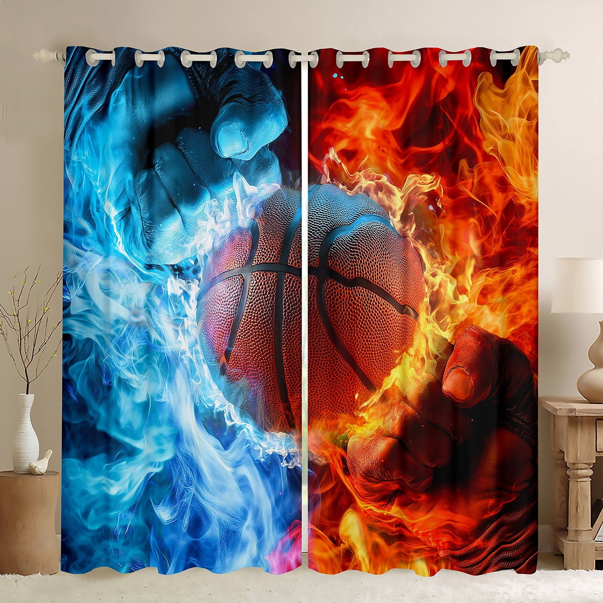 Ice Fire Basketball Curtains,Sports Curtains Basketball Decor Room,Ball ...