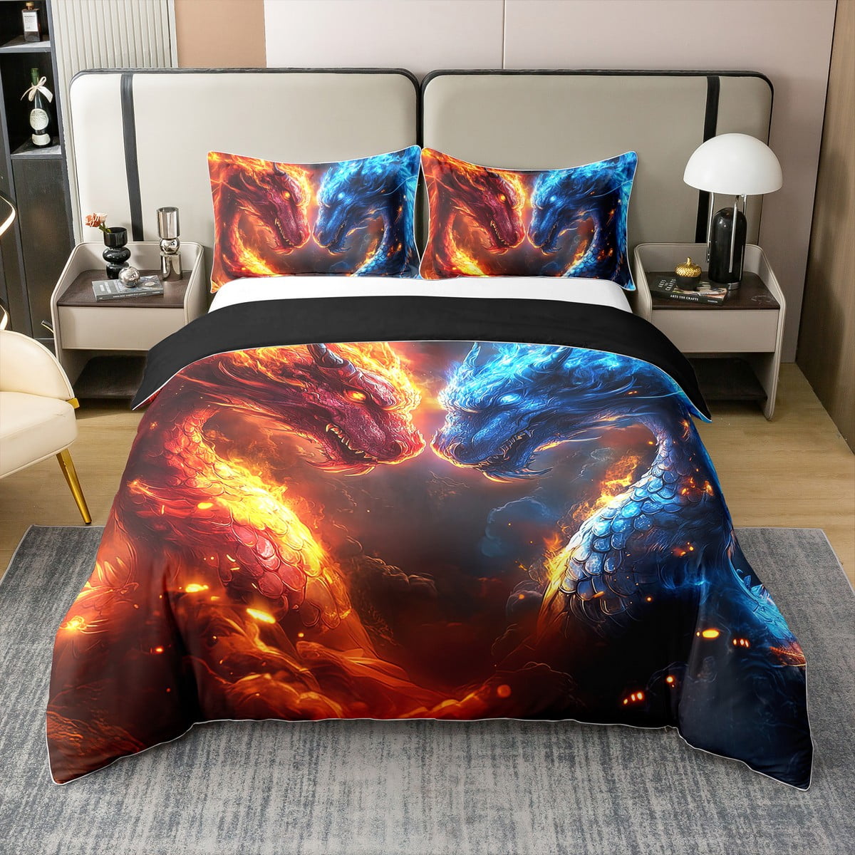 Ice Fire Dragon 100% Cotton Comforter Cover Full Size,Yin Yang Ancient ...