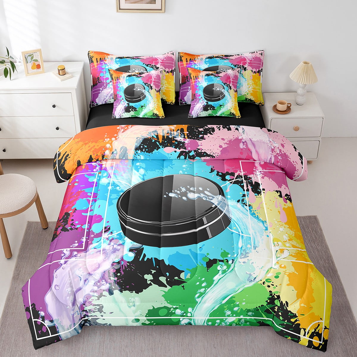 Ice Hockey 7 Piece Comforter Set Twin Bed in a Bag,Hockey Ball Games ...