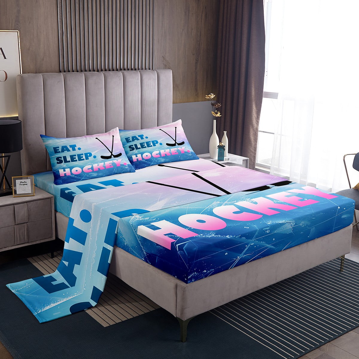 Ice Hockey Bed Sheets Set King,Hockey Bedding Set,Eat Sleep Hockey Puck ...
