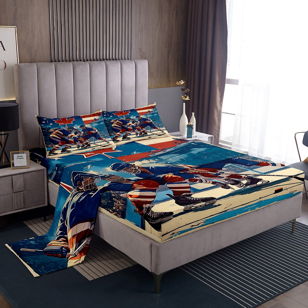 Ice Hockey Bedding Set Queen Comforter Set,Striped Hockey Player Bed ...