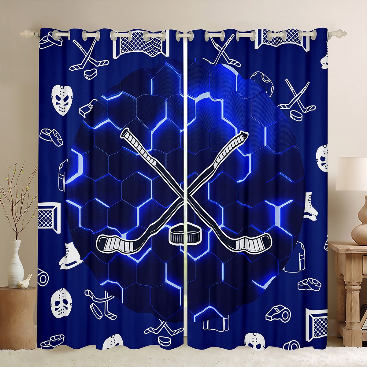 Ice Hockey Blackout Curtains 38"Wx45"L Blue Neon Honeycomb Hockey ...