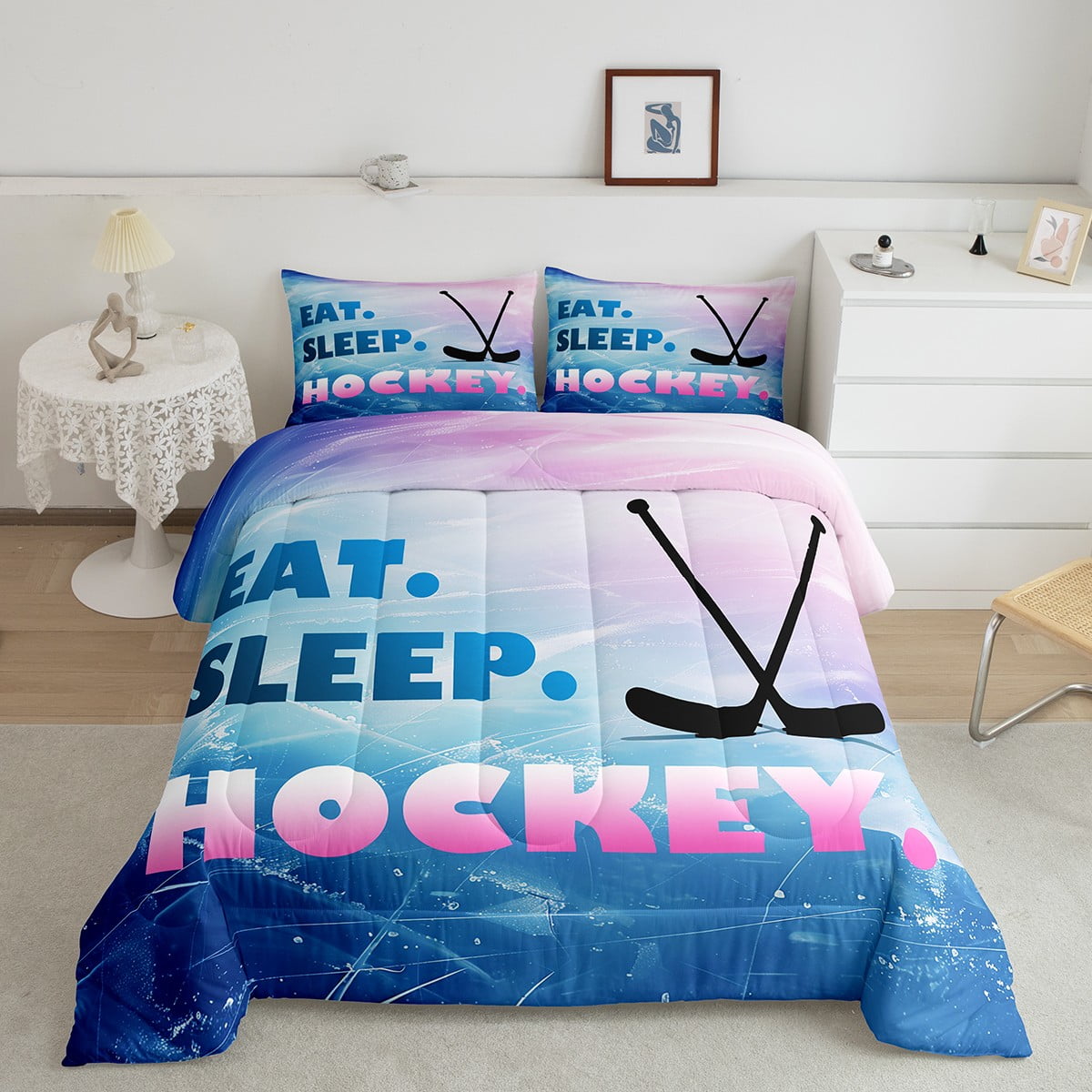 Ice Hockey Comforter Set Queen,Hockey Bedding Set,Eat Sleep Hockey Puck ...