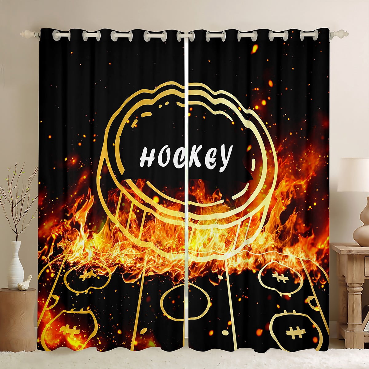 Ice Hockey Curtains Sports Blackout Curtains for Boys Kids Hockey Fire ...
