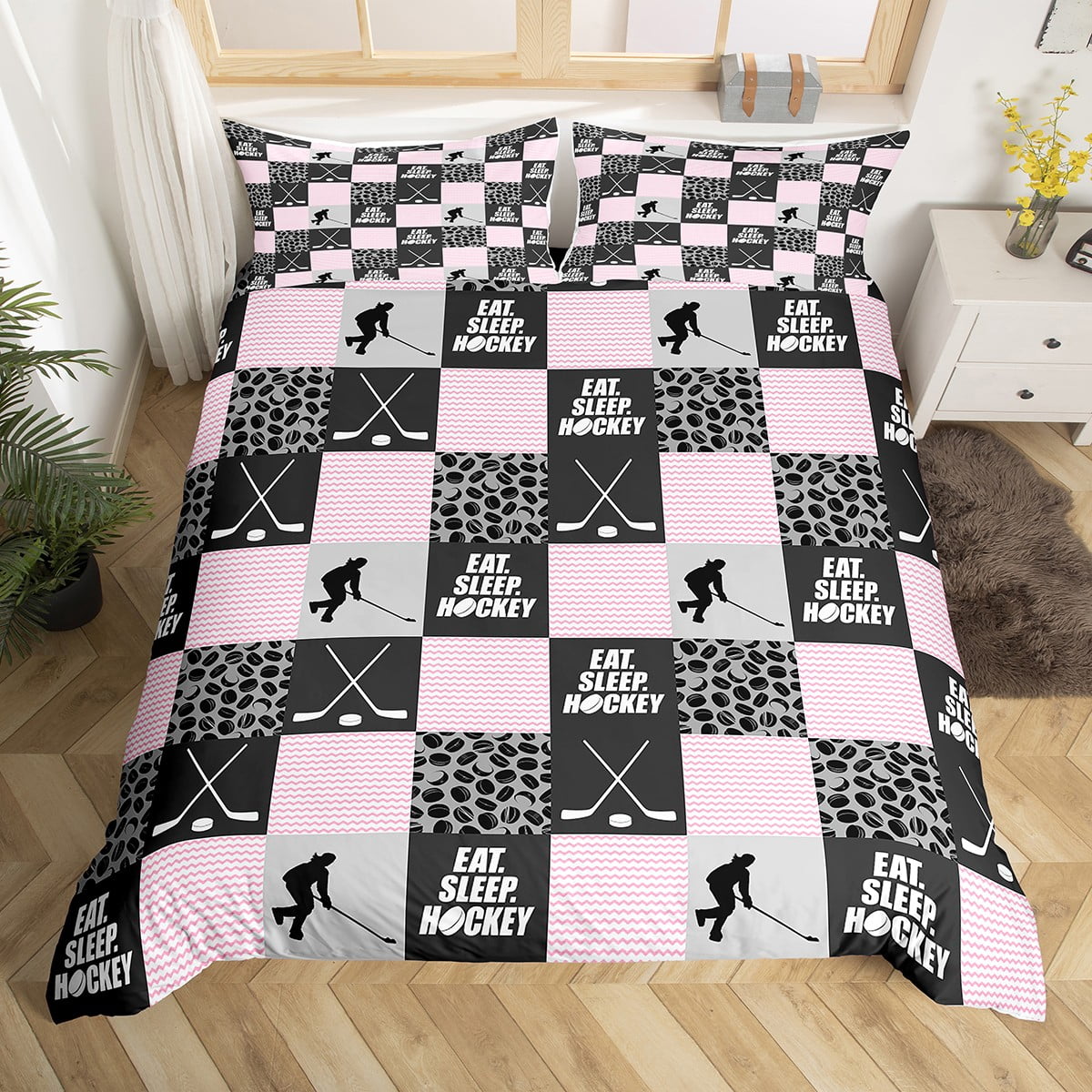 Ice Hockey Duvet Cover King Hockey Player Pucks Bedding Set For Teen ...